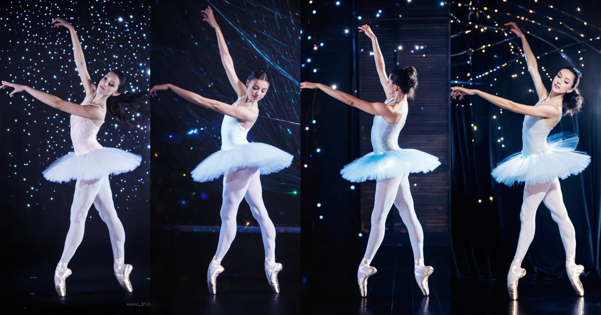 Lexica - A tall ballerina with black long hair dancing with light ...