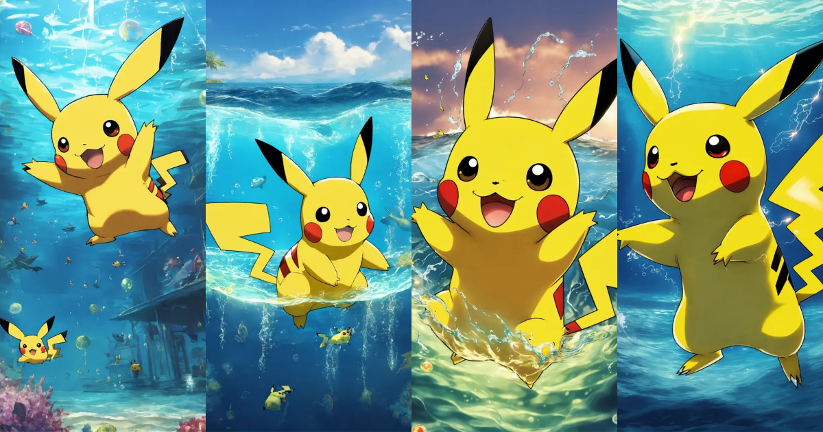 Lexica - Pikachu swimming in the sea WITH electrical current
