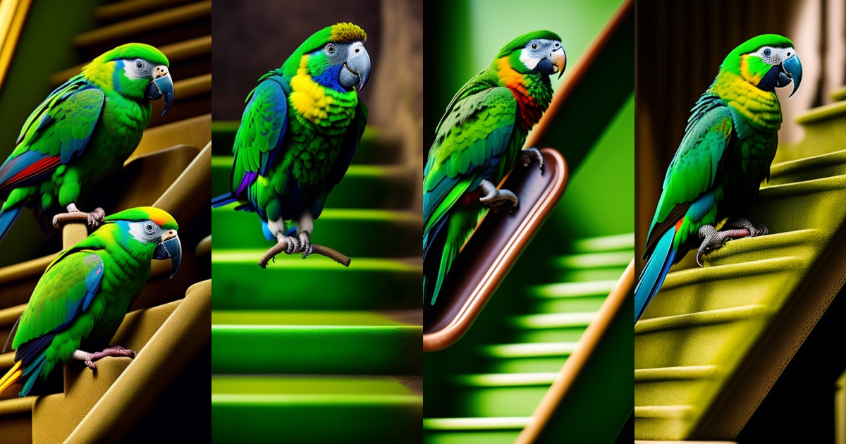 Lexica - Cute green parrot climb stairs