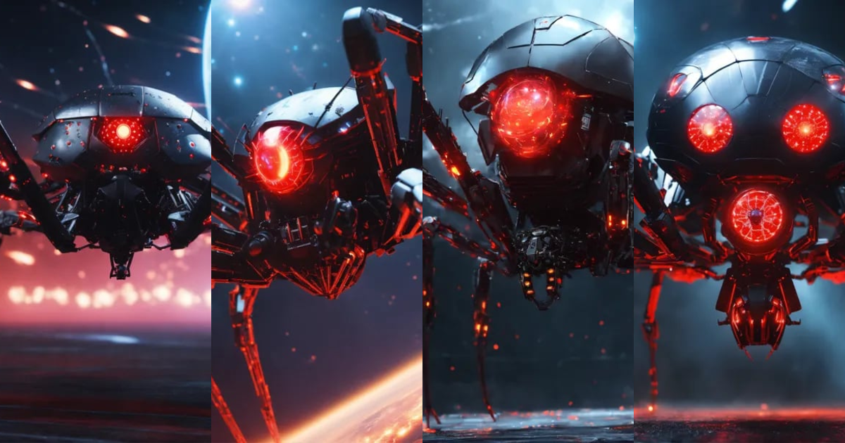 Lexica - Gigantic black armored robotic spider with red glowing eyes ...