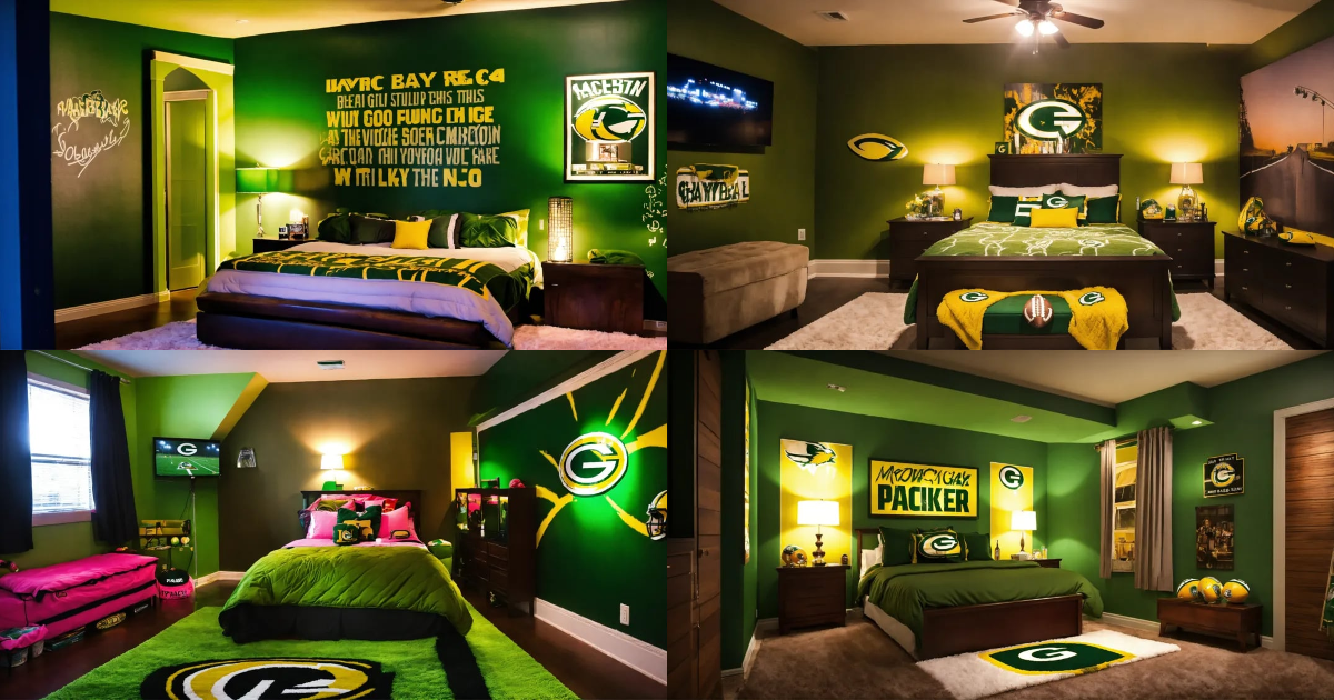 Lexica - Green bay packer theme bedroom, fluffy rug, dark wood, night ...