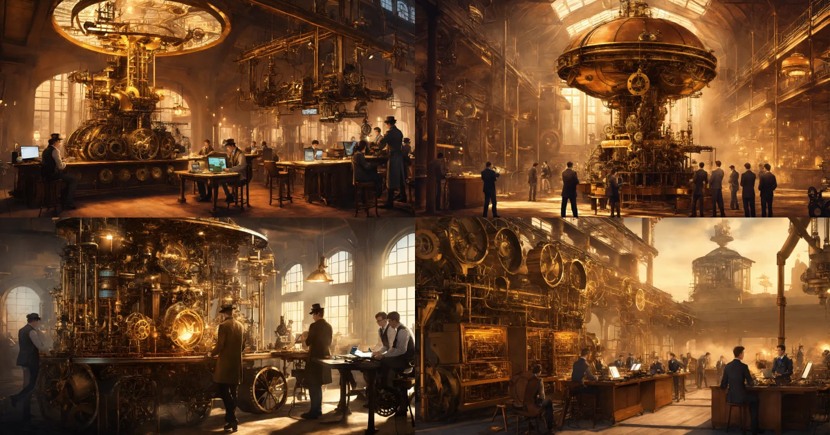 Lexica - In this steampunk-inspired picture, a team of engineers and ...