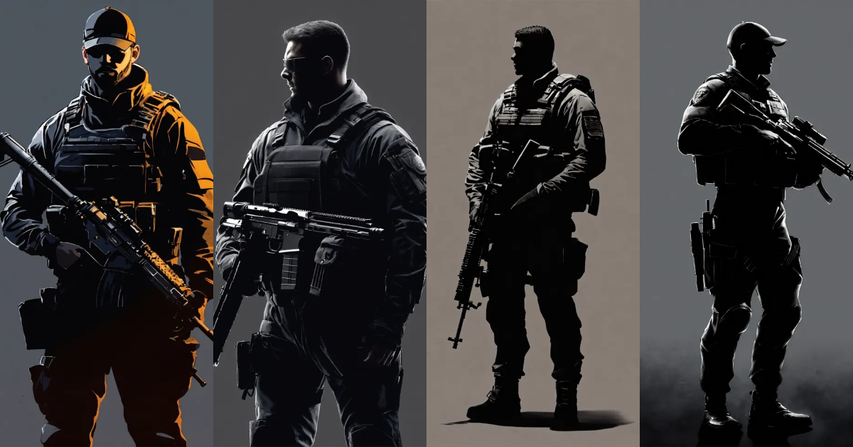 Lexica - Armed muscular security bodyguard silhouette, holding rifle ...