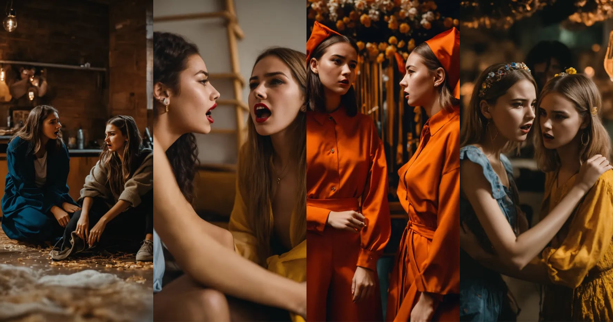 Lexica - Avant-garde young women sharing in panic with each other about ...