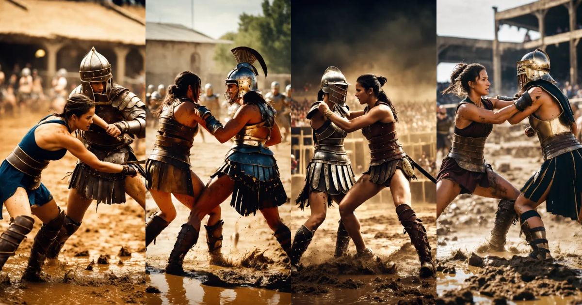 Lexica - Athletic female wearing gladiator armor fighting another Roman ...