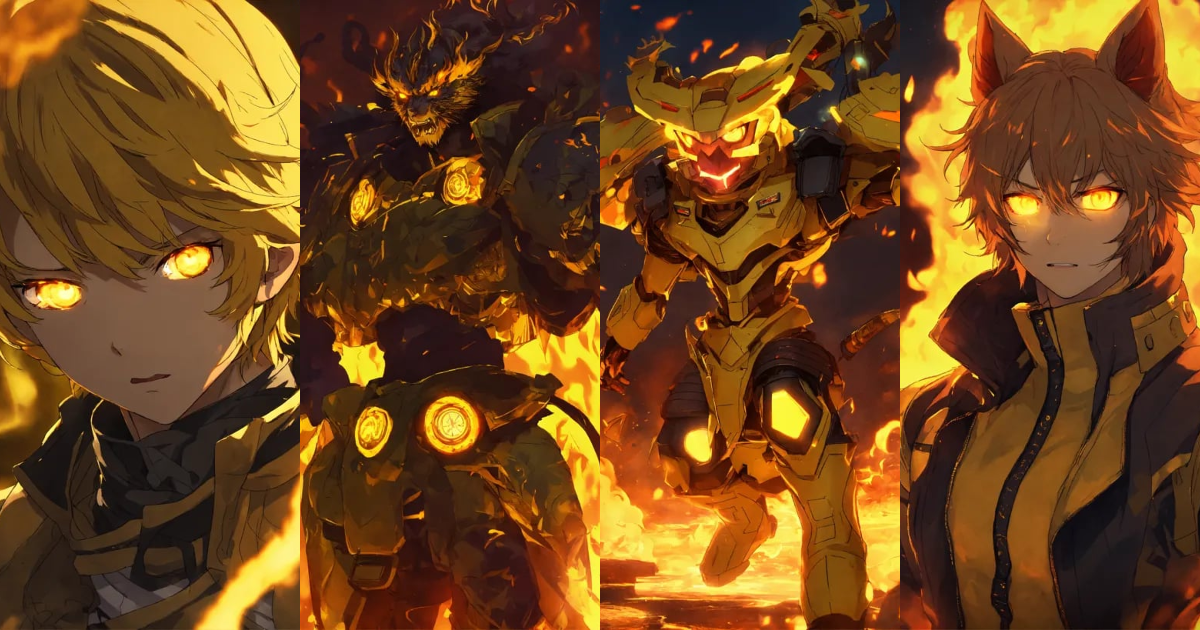 Lexica - Glowing eyes, flames in background, rage, yellow hue, smoke ...