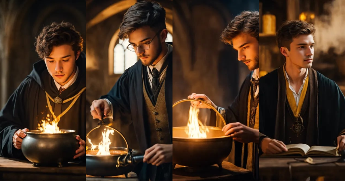 Lexica - Cute man young wizard, inside Hogwarts with a cauldron in his ...
