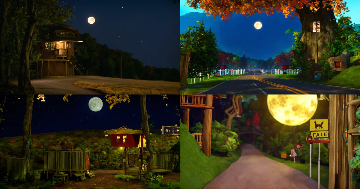 Lexica - Wrong turn, road, fall, treehouse, cute, moon