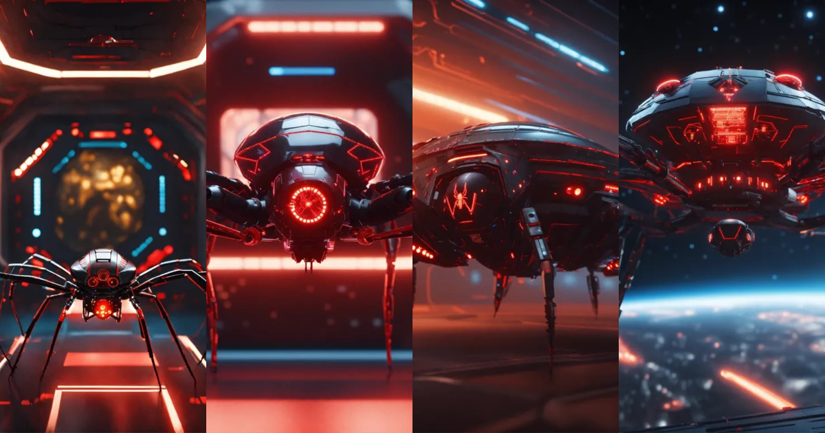 Lexica - Zoom out on a extra long black robotic black widow spider ...