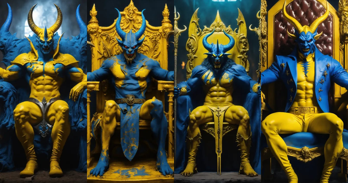 Lexica - Evil demonic yellow and blue devil, holding a trident, sitting ...