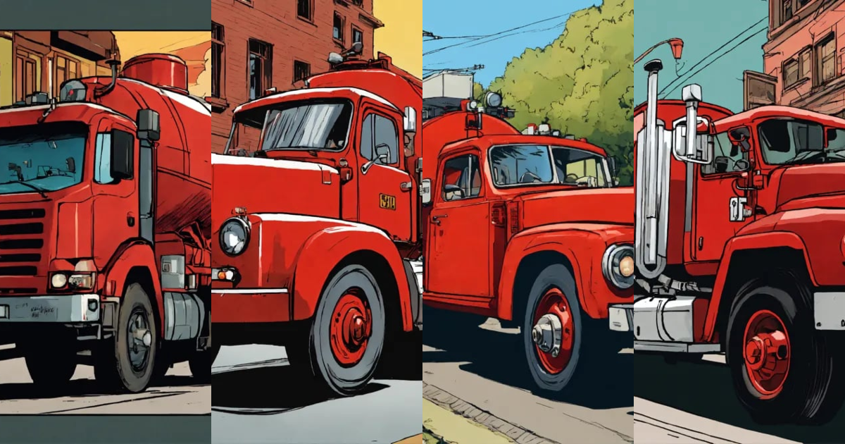 Lexica - A red tanker is driving down the street, comic style