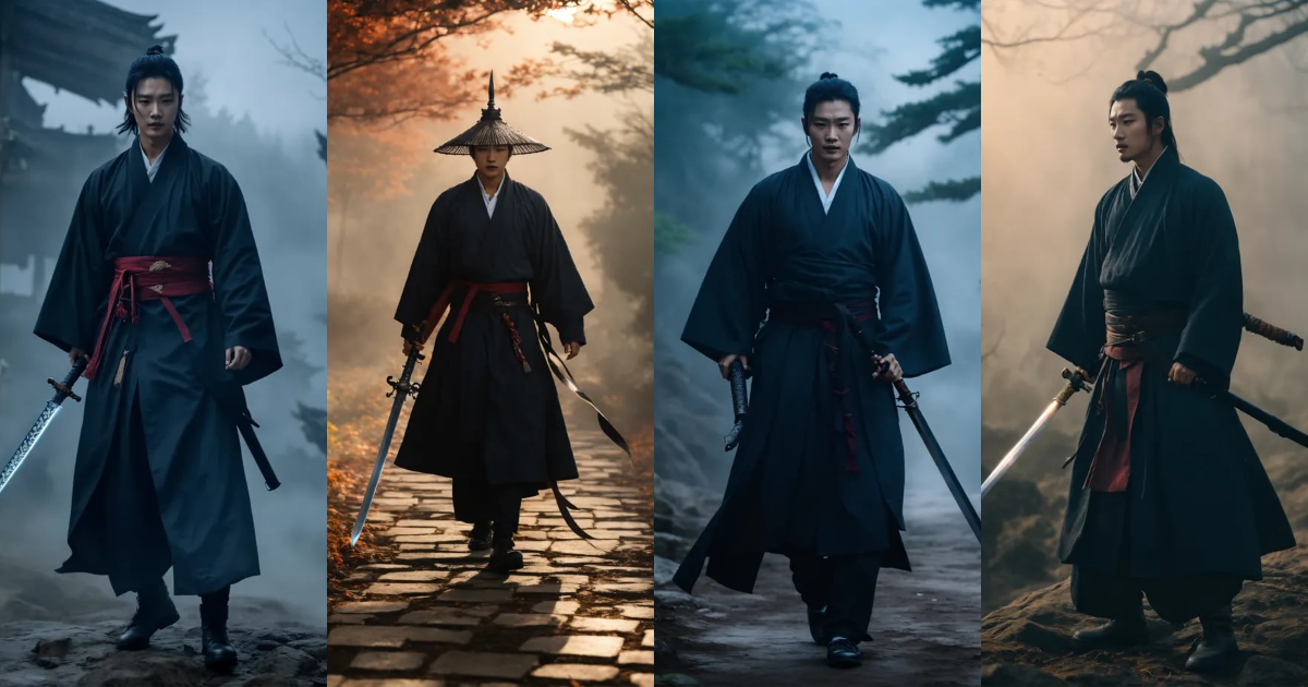 Lexica - Hwang Hyunjin carrying a shadow sword through the mist