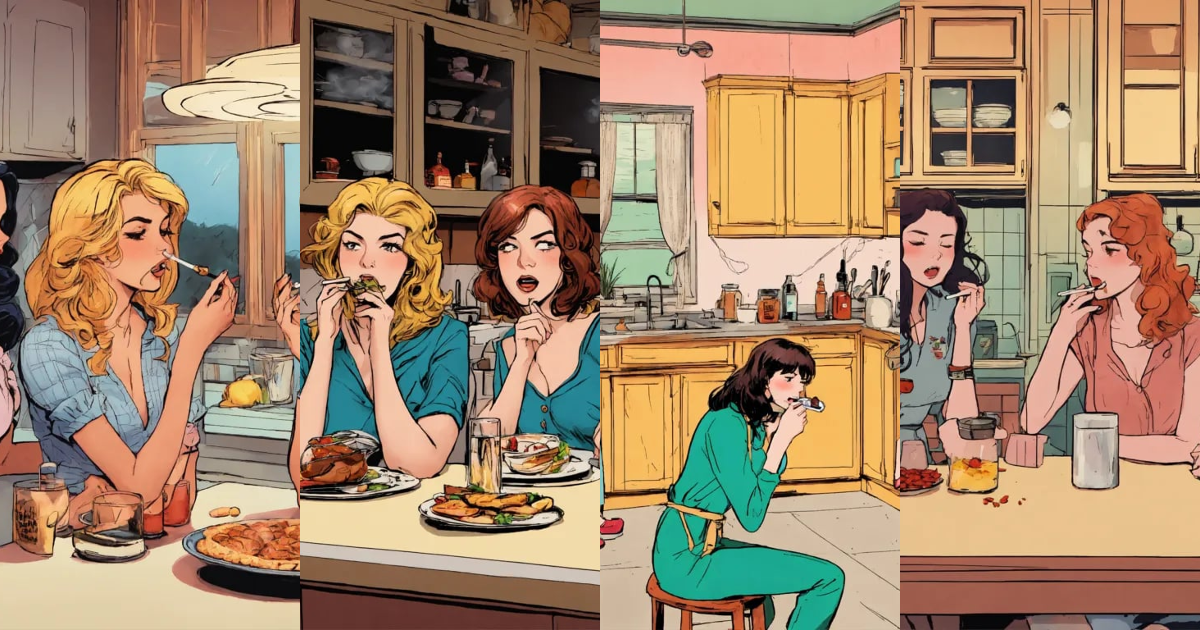 Lexica - Three pretty ladies secretly smoke scared in the kitchen comics
