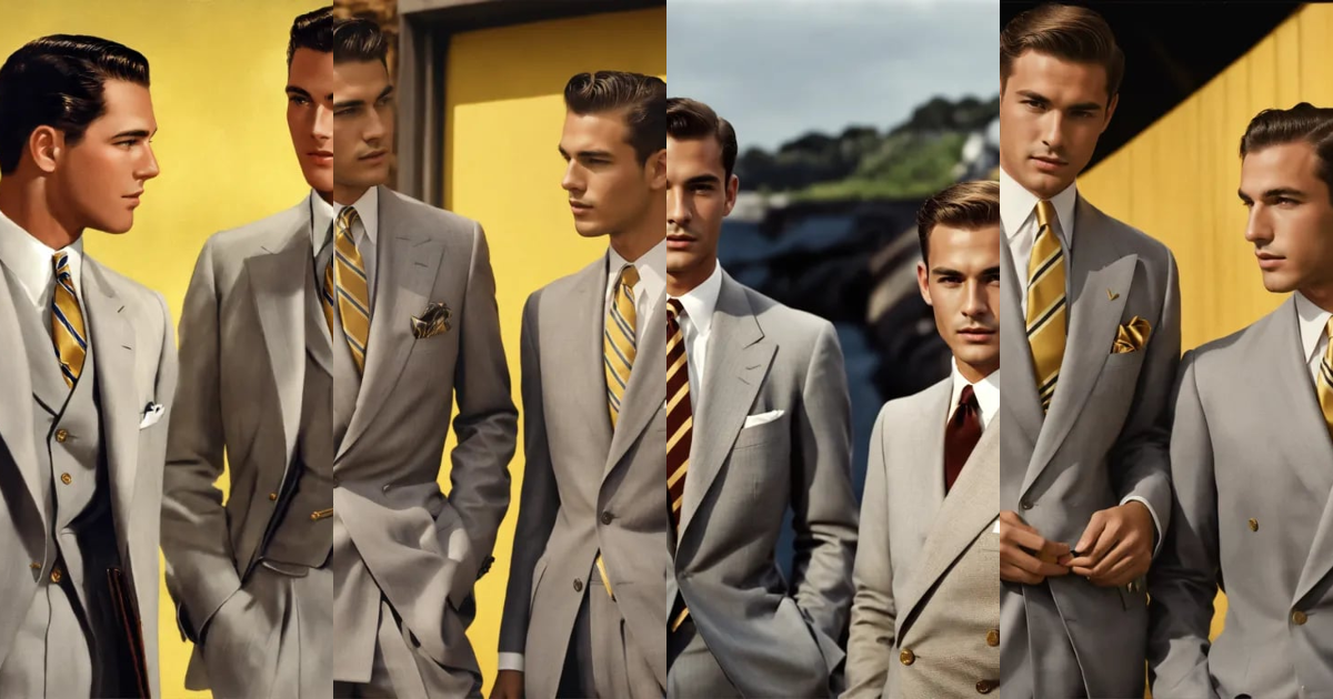 Lexica - Two young gentlemen in light grey suit, golden striped tie ...