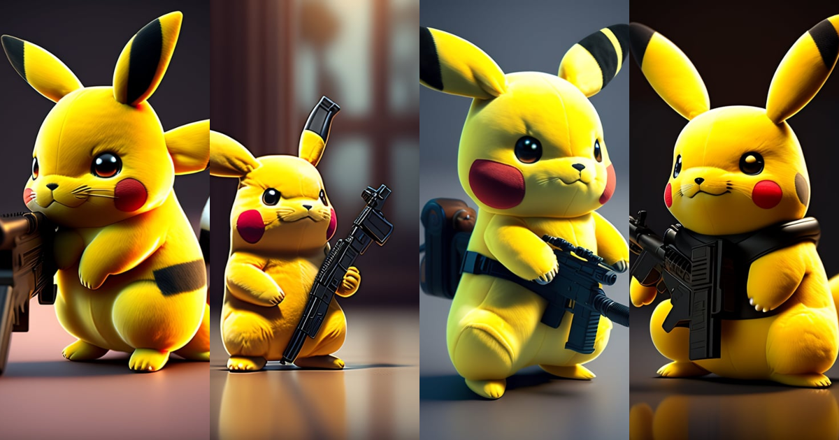 Lexica - Plush pikachu holding gun, beautiful, 4k, hd, realistic, 3d render