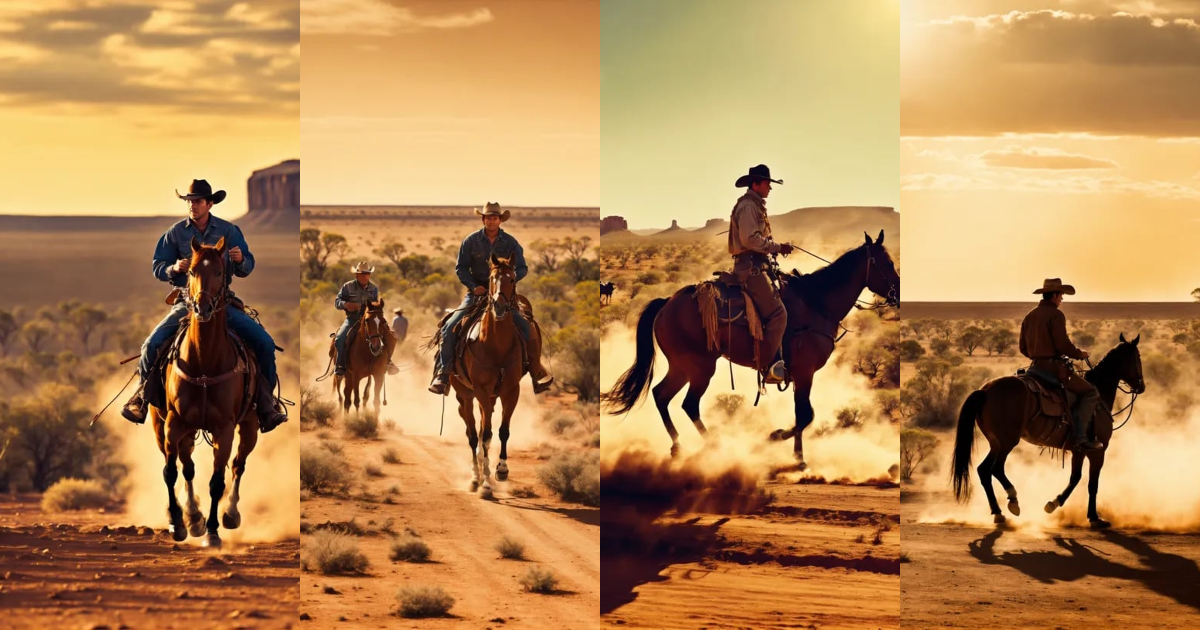Lexica - A photograph of a cowboy on a horse riding into the outback ...