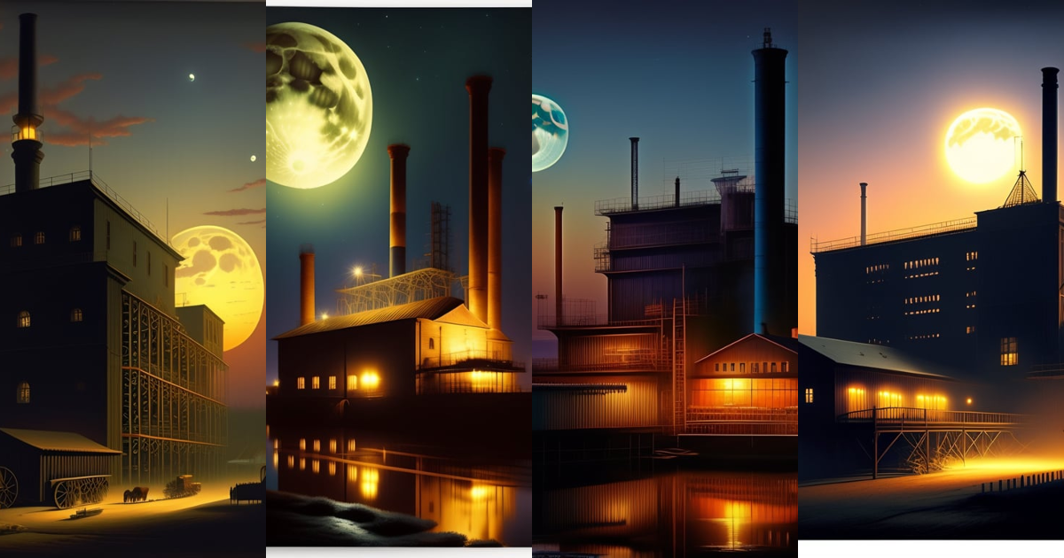 Lexica - A Victorian factory, large complex machinery, on a moonlight ...