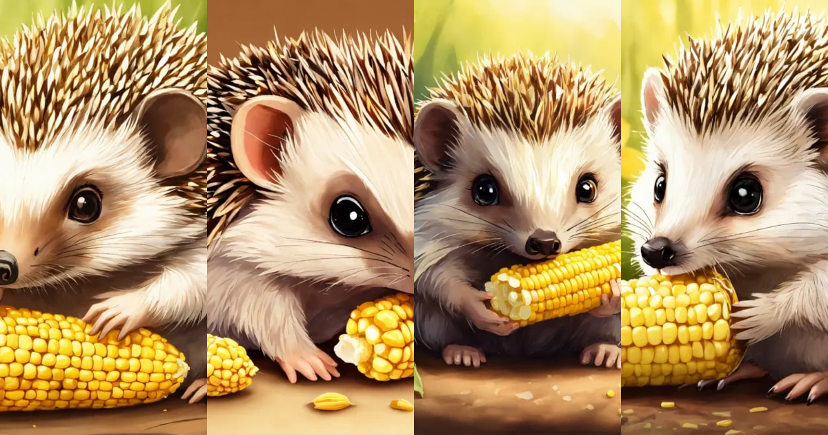 Lexica - Cartoon illustration of baby hedgehog eating corn on the cob ...