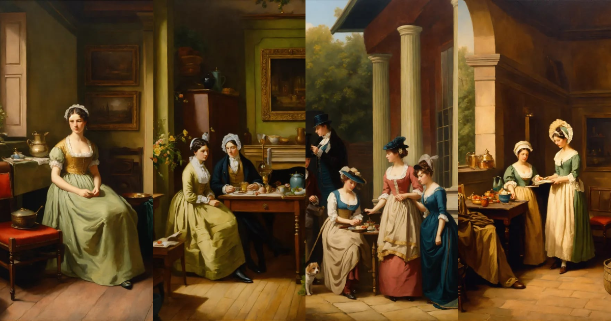 Lexica - Regency england daily life scene, oil painting