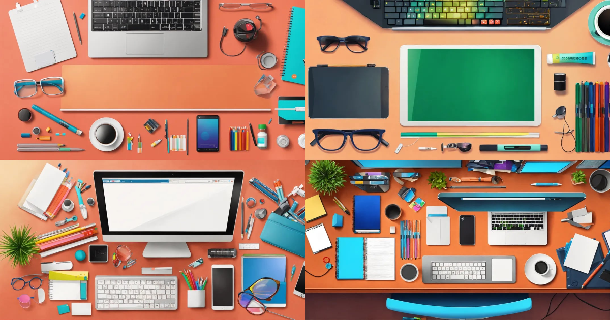 Lexica - Top view Futuristic worktable desk with stationery supplies ...