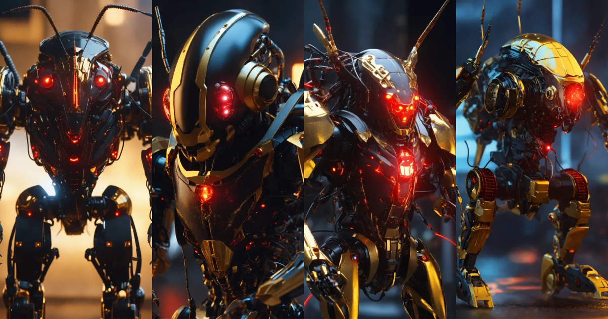 Lexica - Zoom out of black cockroach faced humanoid biobot with red ...