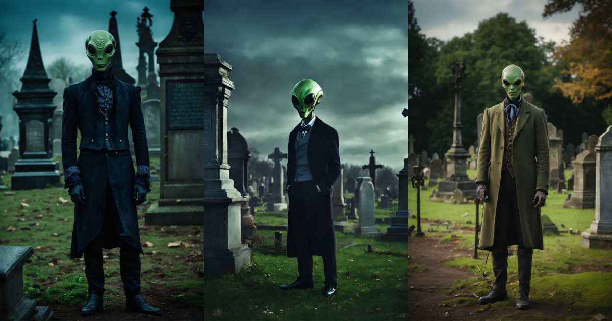 Lexica - Portrait of the alien standing on a Victorian graveyard.