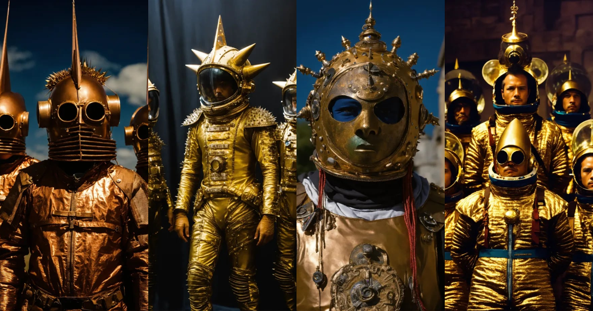 Lexica - Six man dressed in space costumes, in the style of bronzepunk ...