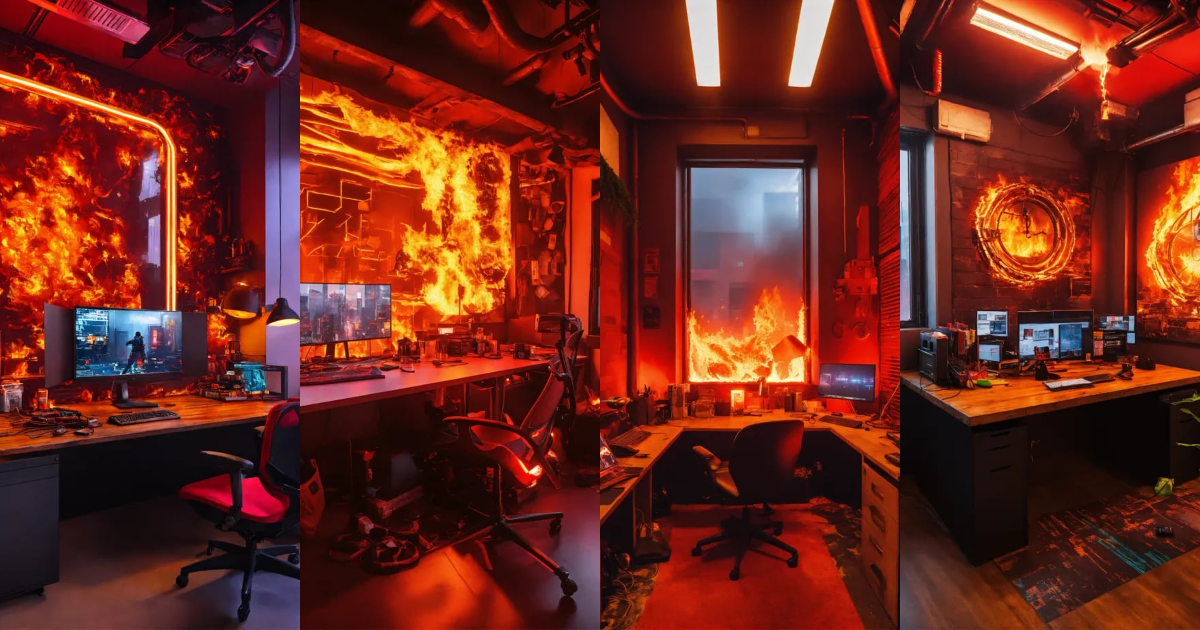 Lexica - Fire themed office, cyberpunk