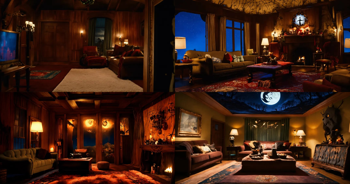 Lexica - Haunted house living room, dark wood, sky night ceiling ...