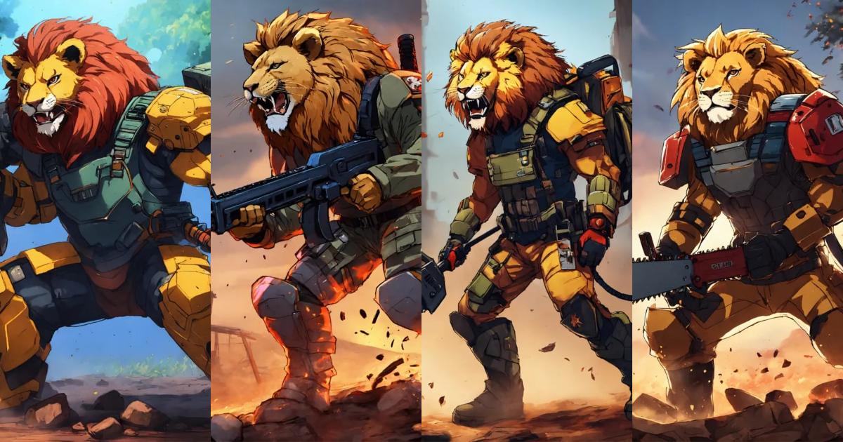 Lexica - Anime humanoid lion soilder fighting with a chainsaw in his hands