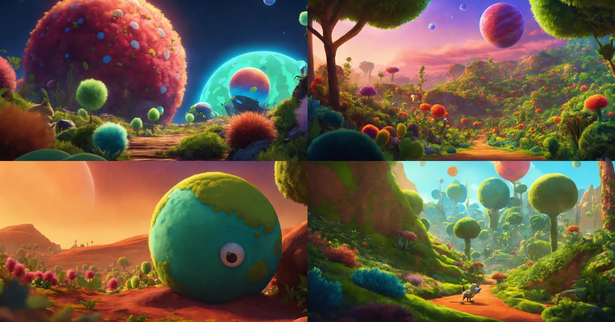 Lexica - A planet with furry plants, pixar art style, poster for cartoon