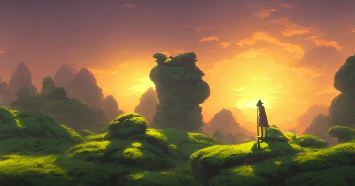 Lexica - A landscape with kermit the frog stone statue, Studio Ghibli ...