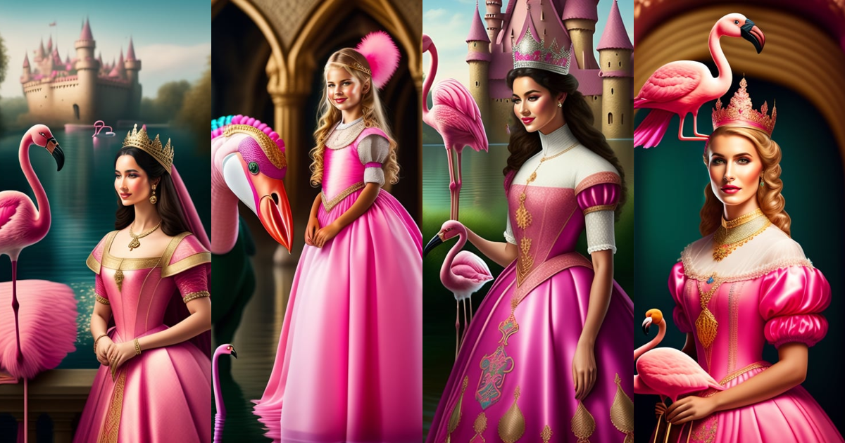 Lexica - Medieval Princess in the pink dress with flamingo and crocodiles