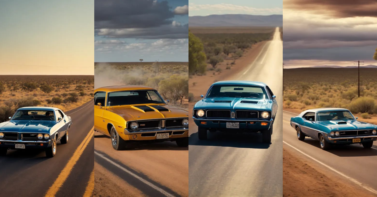 Lexica - A photograph of a classic muscle car driving on a wide road in ...