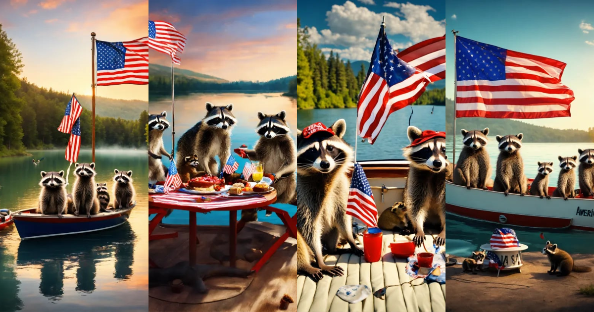 Lexica - A raccoon family celebrating American labor day on a yacht in ...
