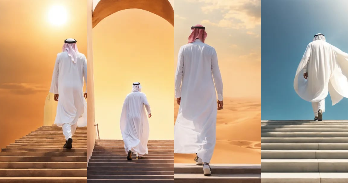 Lexica - Saudi man climbing up six steps only, white costume, Saudi ...