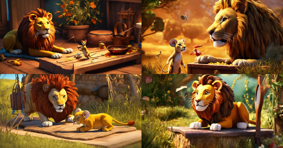 Lexica - "Show the mouse cleverly freeing the lion from a hunter's trap ...