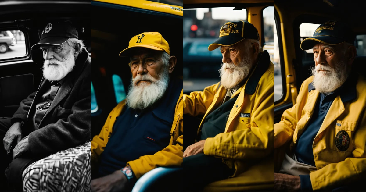 Lexica - A wise old man with white beard and baseball cap in a taxi cab ...