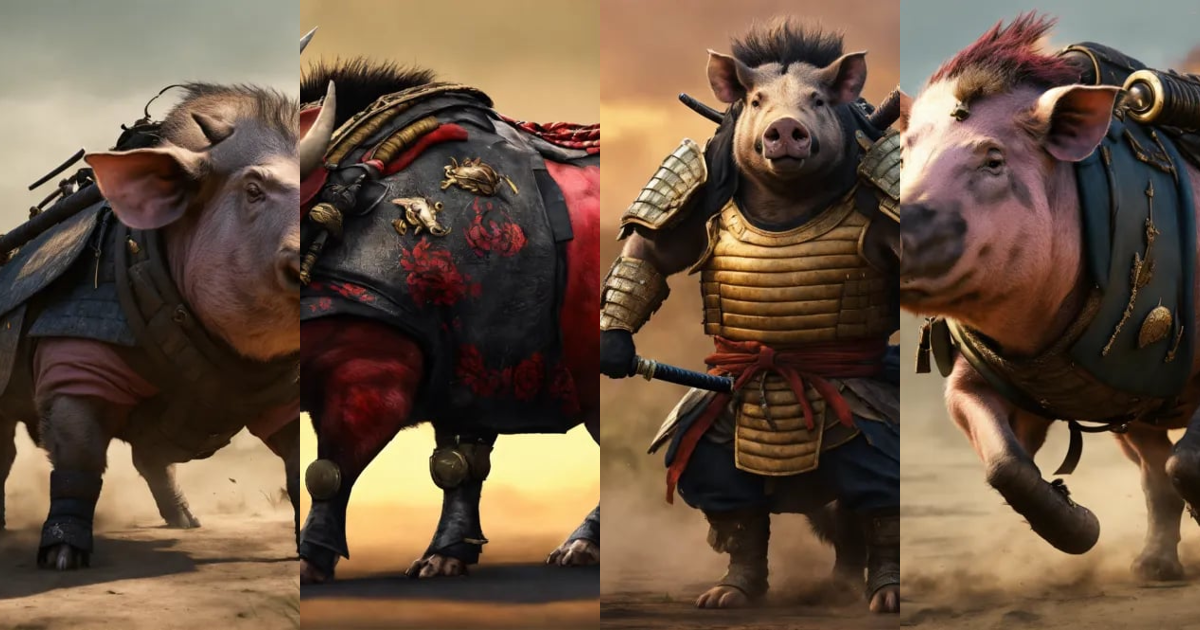 Lexica - Warthog pig samurai with arms. battlefield. hyper realistic.
