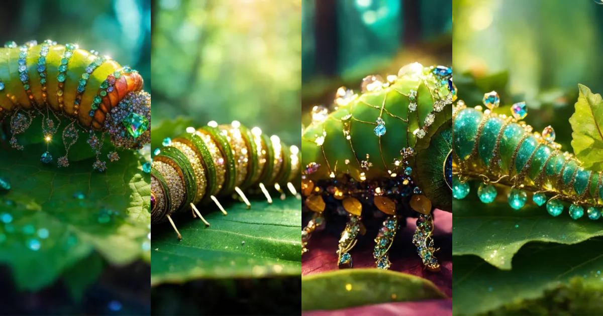 Lexica - Giant caterpillar on a gem encrusted leaf, enchanted forest ...
