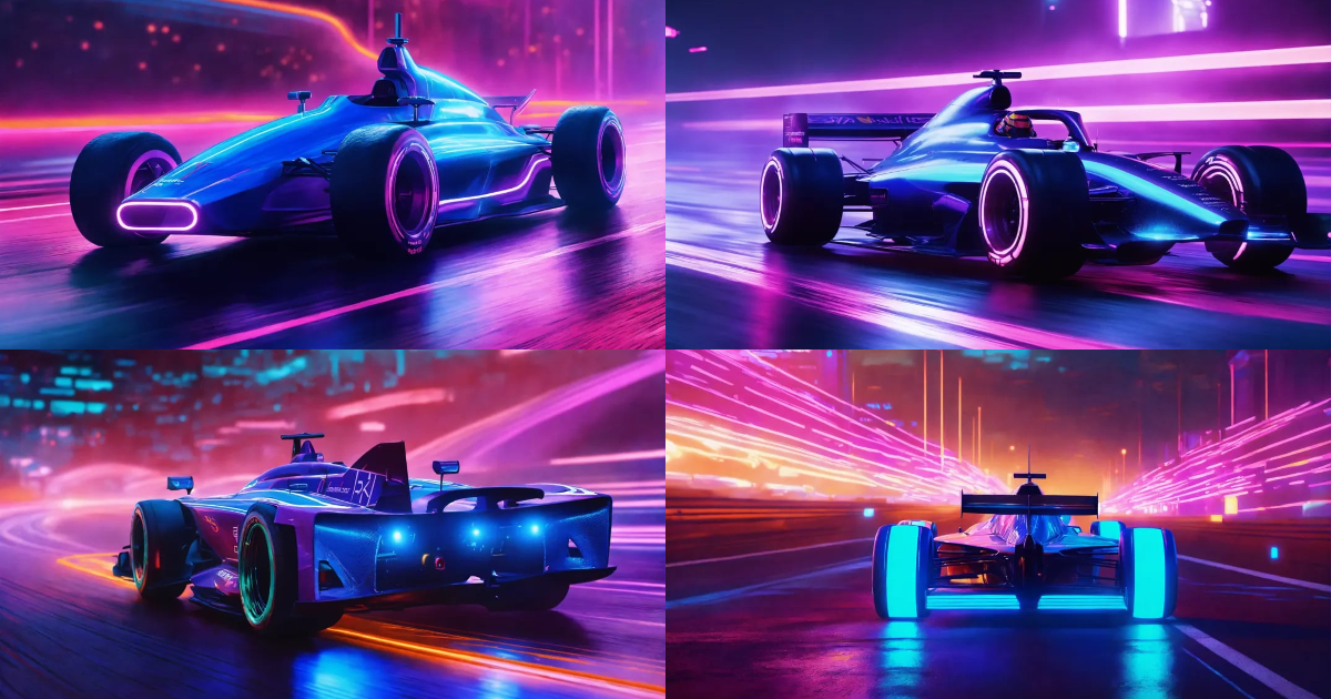 Lexica - Back view of a futuristic formula 1 traveling through neons at ...