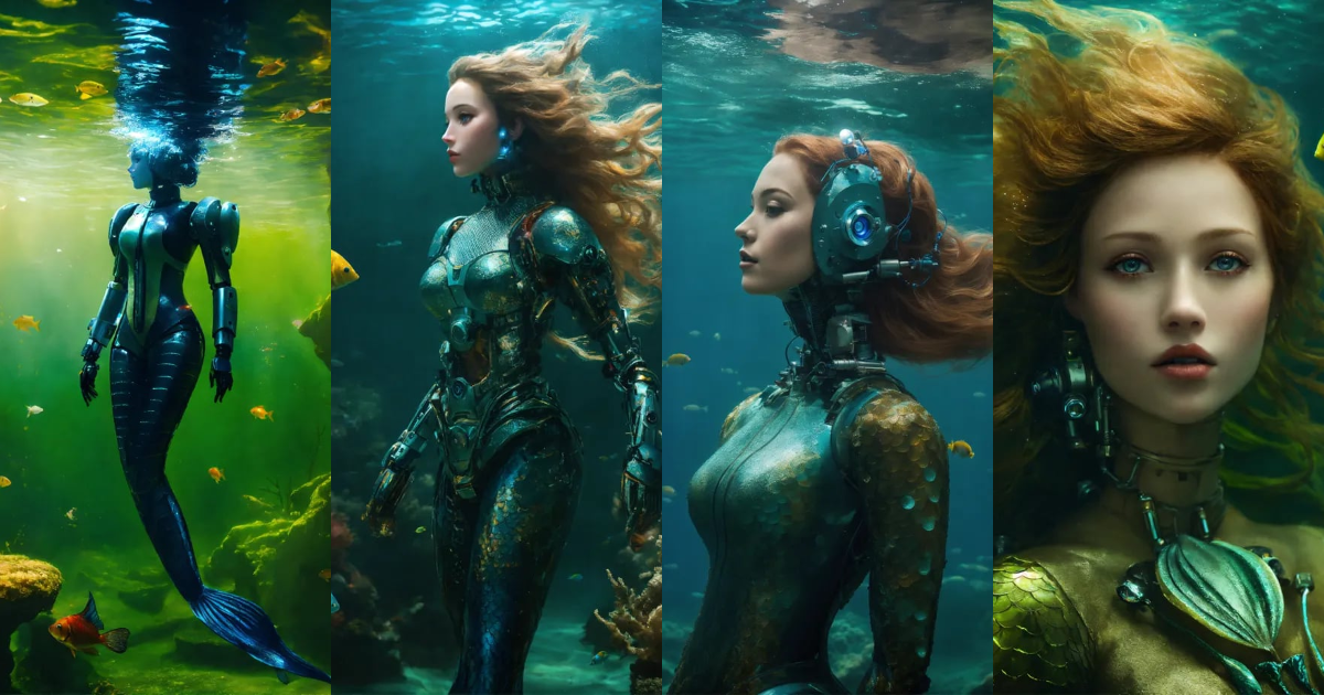 Lexica - A robot mermaid in the bottom of the sea, dark light , whit a ...