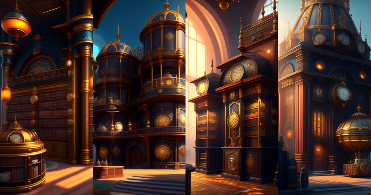 Lexica - A digital illustration of a steampunk library with clockwork ...
