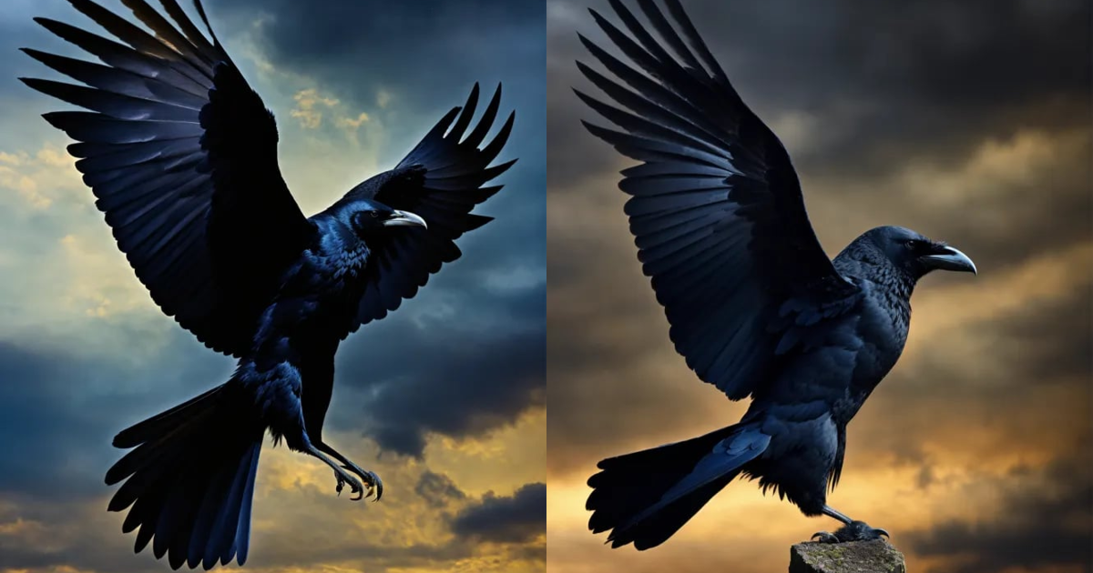 Lexica - Black crow, wings spread, extended wingspan, dark sky