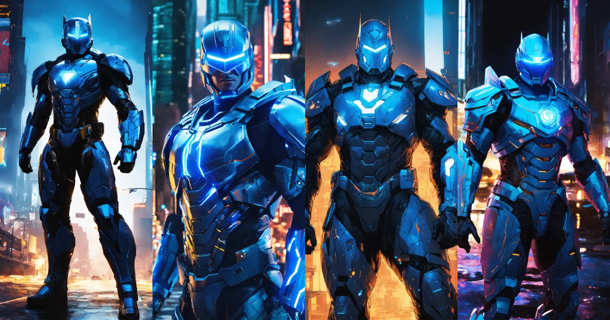 Lexica - Futuristic superhero, wearing a sleek suit of armor, neon blue ...