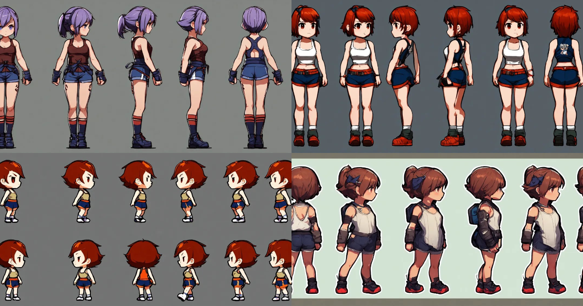Lexica - Game assets, multiple poses, sprite sheet, girl, short hair ...