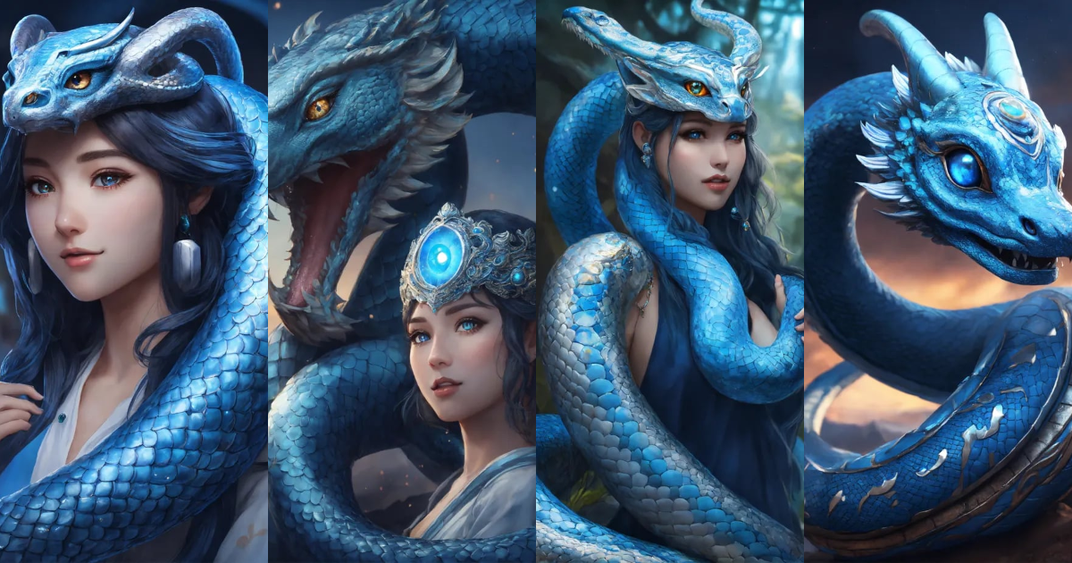 Lexica - A giant serpent in blue and silver with adorable chibi ...