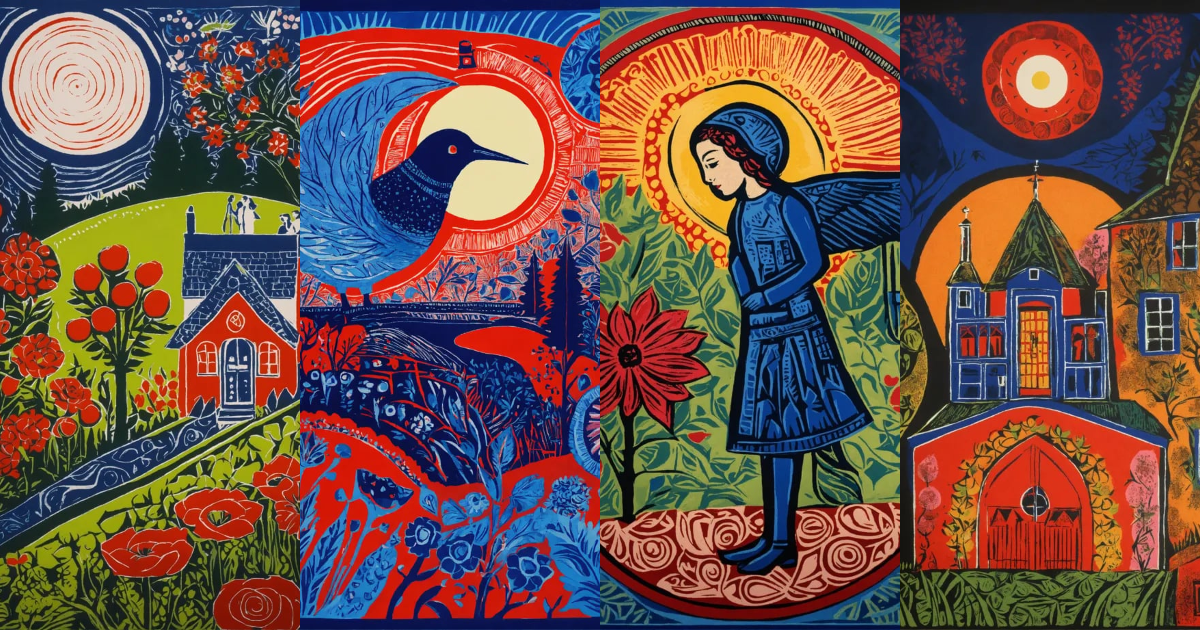 Lexica - Linocut, folk art style inspired by marc chagall