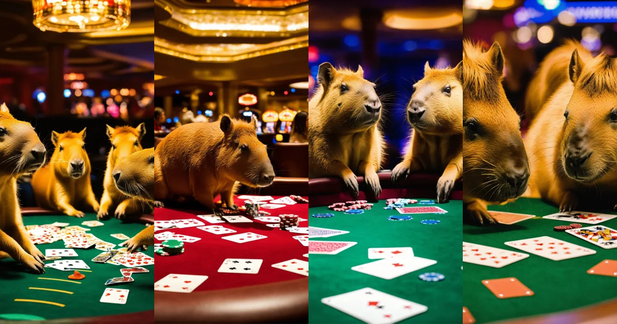 Lexica - Photo of a group of capybaras playing cards in a casino in Las ...