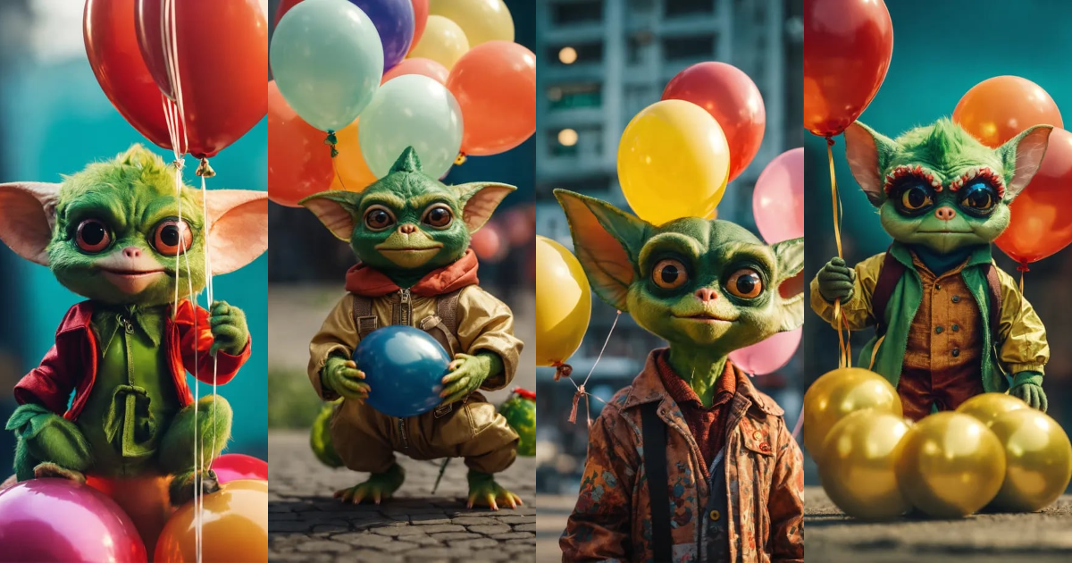 Lexica - Medium close-up, Leica portrait of a gremlin holding balloons ...